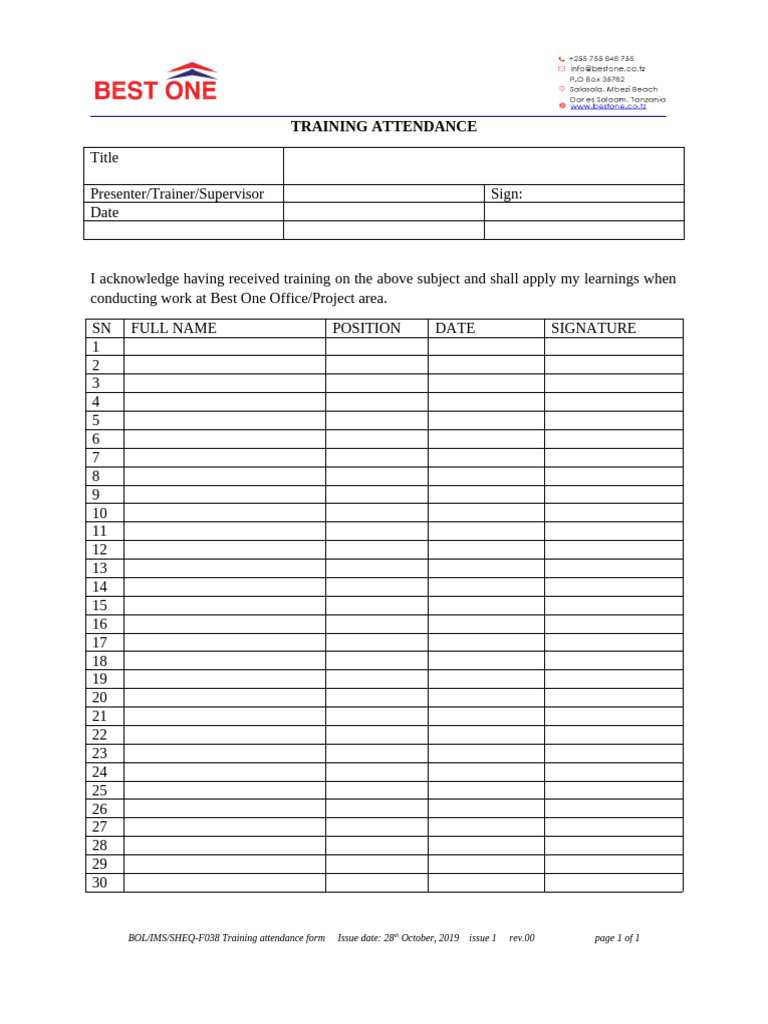 Bol Ims Sheq f038 Training Attendance Form | PDF