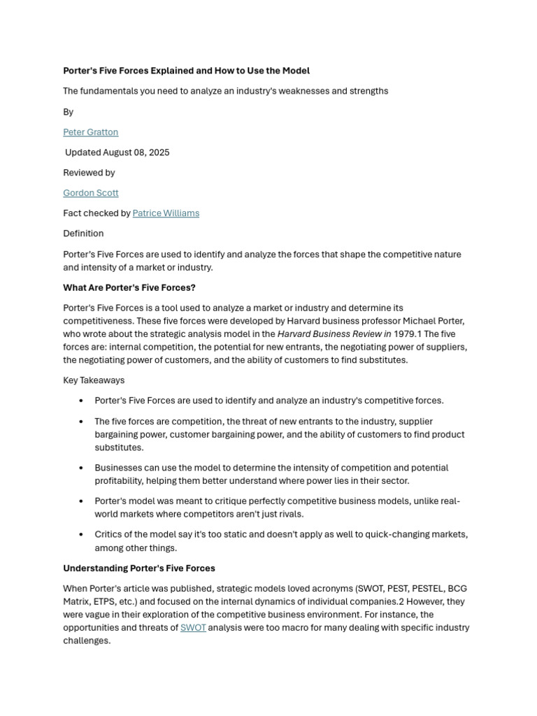 6 - Porters Five Forces Model | PDF | Supply Chain | Swot Analysis