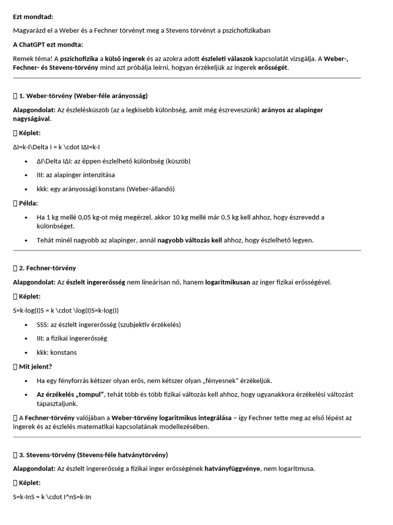 Weber Fechner És Stevens Törvénye Pszichofizika | PDF