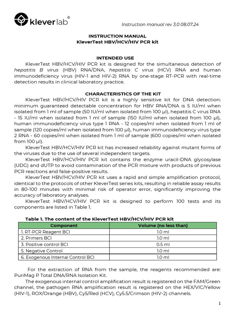 Klevertest HBV HCV Hiv Kit PCR Eng Rev3 | PDF | Polymerase Chain ...