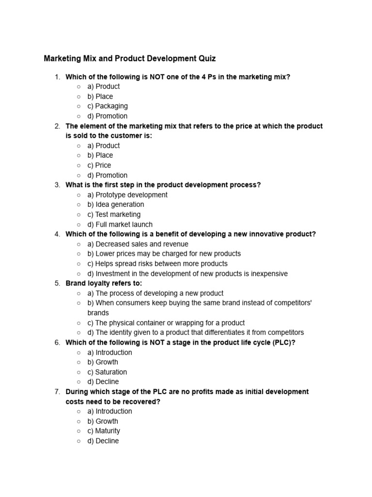The Marketing Mix - Product Quiz | PDF | Marketing | Brand
