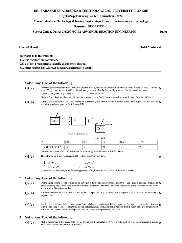 M.Tech Advanced Reaction Engineering Exam | PDF | Scientific Phenomena ...