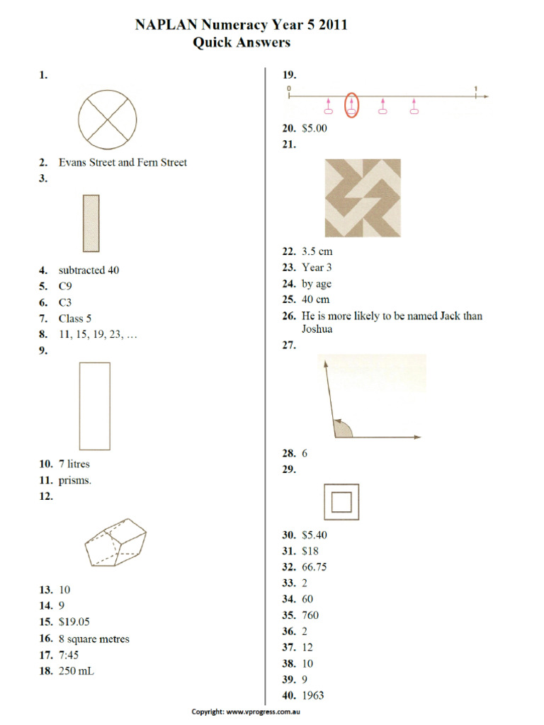 NAPLAN Numeracy Year 5 2011 Answers | PDF