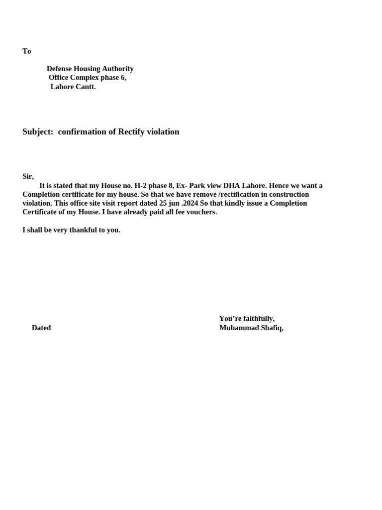 Request for Completion Certificate in DHA | PDF