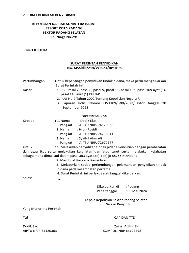 Surat Perintah Sidik, SPDP, Pemanggilan Saksi | PDF