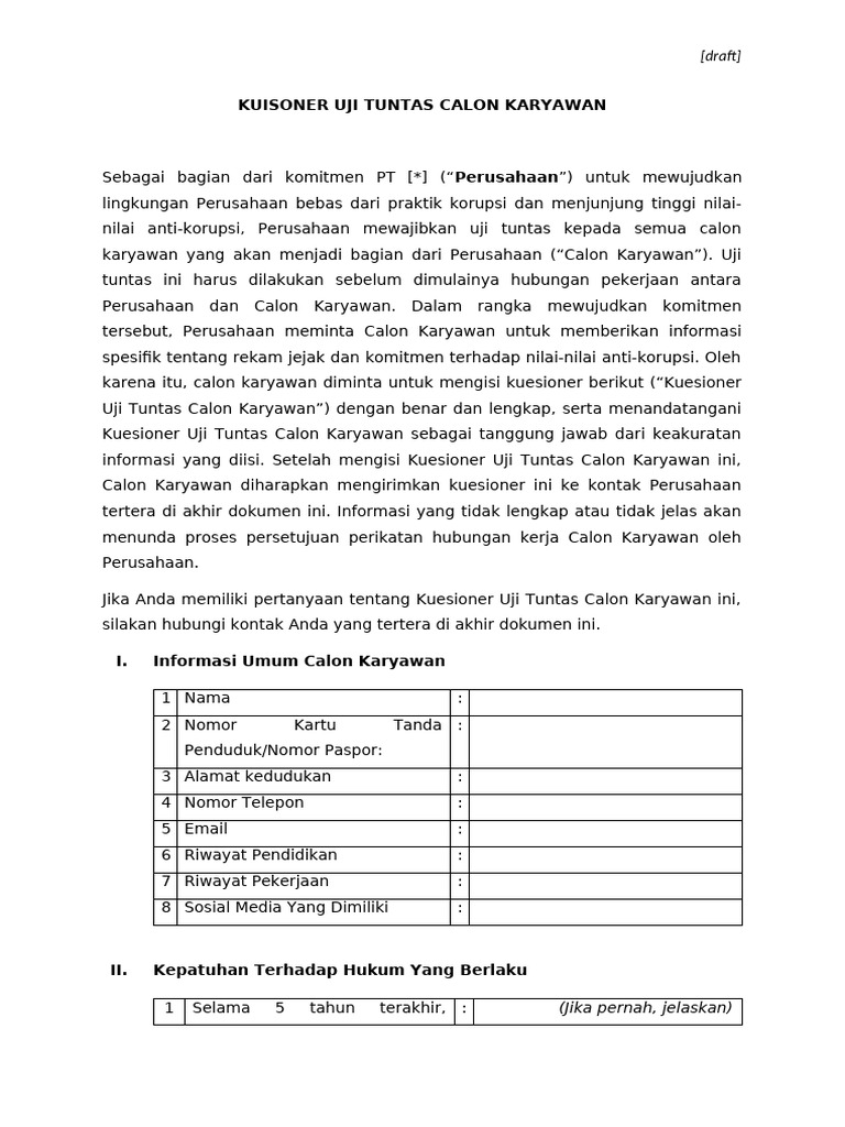 III-1.a.1 - Kuisoner Uji Tuntas Calon Karyawan | PDF