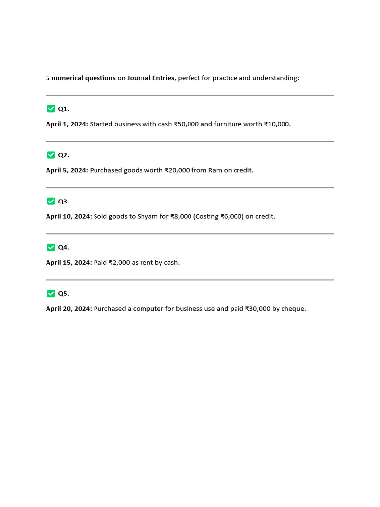 5 Numerical Questions On Journal Entries | PDF