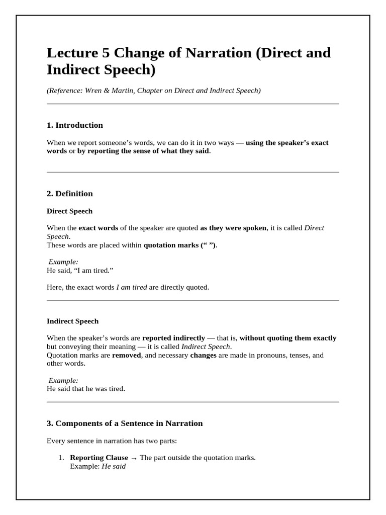 Lecture 5 Change of Narration (Direct and Indirect Speech) | PDF ...