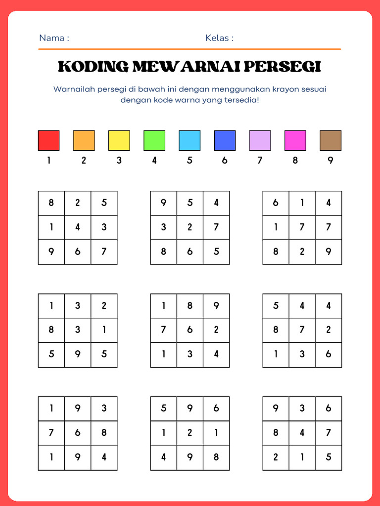 Koding Mewarnai Persegi Lembar Kerja Warna Warni Sederhana | PDF