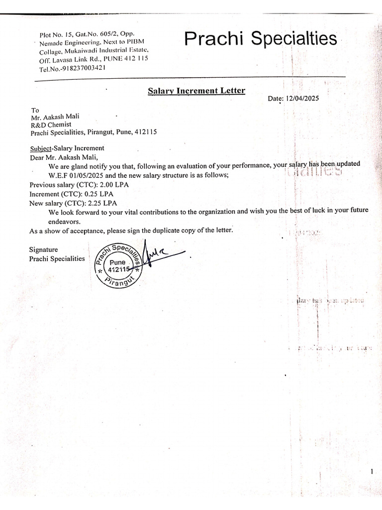 Mr.aakash Mali Increment Lettre | PDF