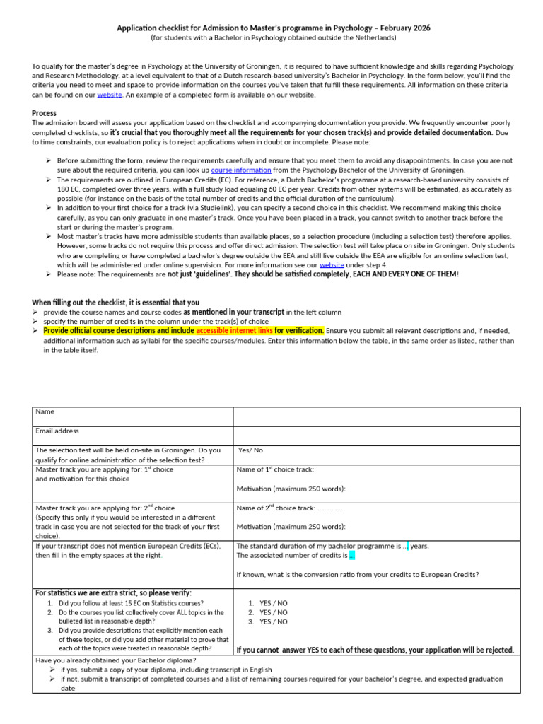 Master's Admission Checklist: Psychology 2026 | PDF | Statistics ...