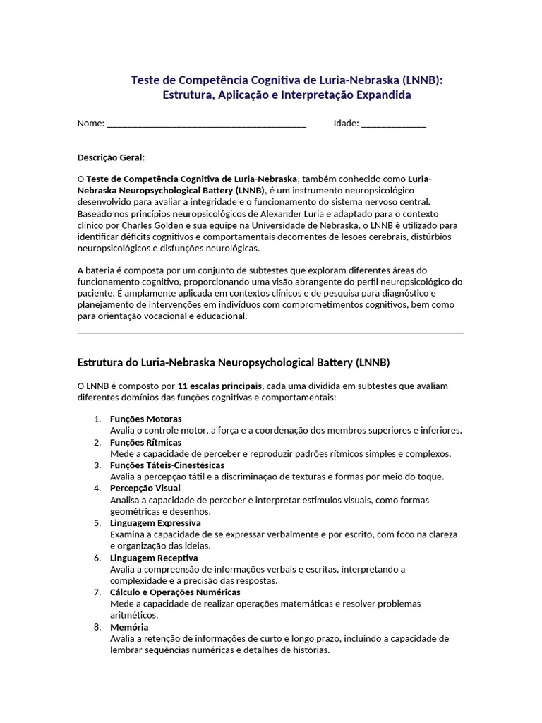 Avaliação do Teste Luria-Nebraska | PDF | Neuropsicologia | Neurociência