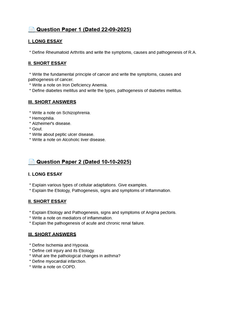 Medical Question Papers on Diseases and Conditions | PDF