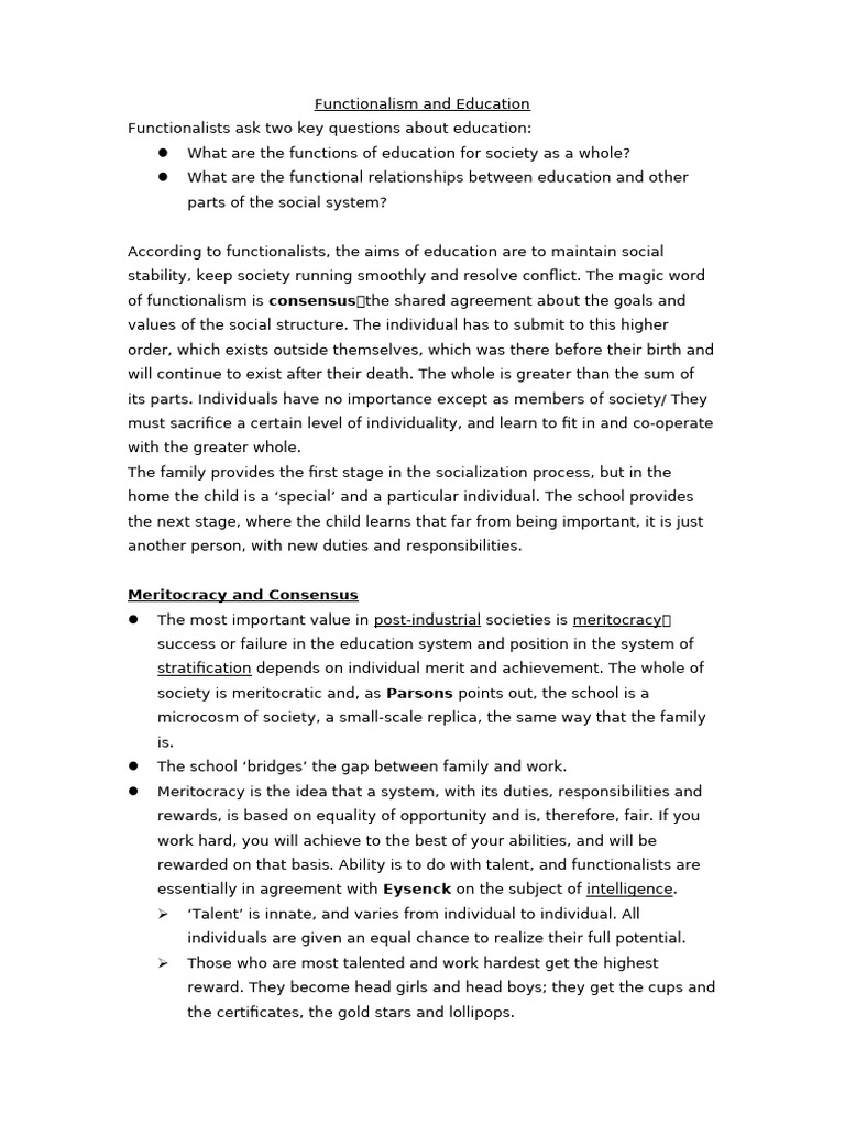 1 Functionalism and Education 2 | PDF | Meritocracy | Teachers