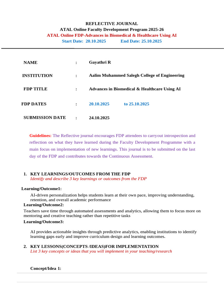 Reflective Journal on AI in Healthcare FDP | PDF | Artificial ...