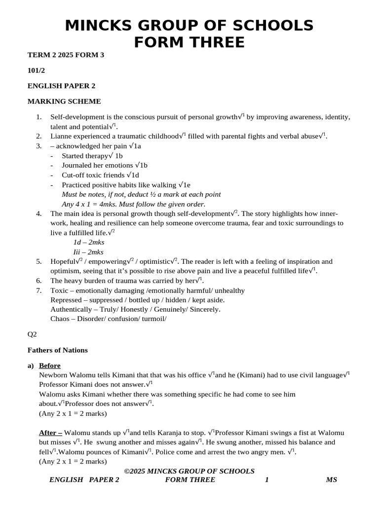 Mincks English Form 3 Paper 2 MSC t2 2025 | PDF | Psychological Trauma ...