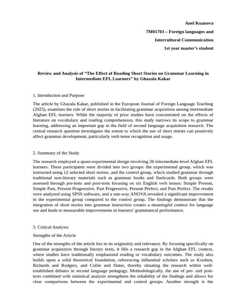 Article Review and Analysis by Kuanova A | PDF | English As A Second Or ...