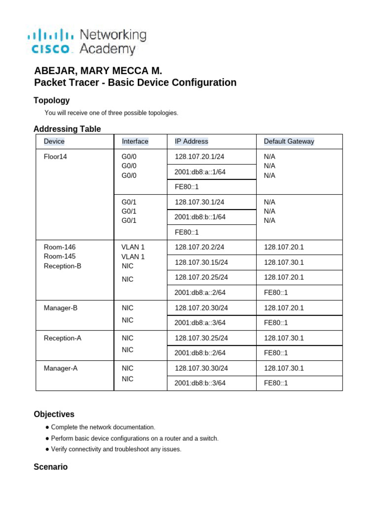 10.4.3 Packet Tracer - Basic Device Configuration | PDF | I Pv6 ...