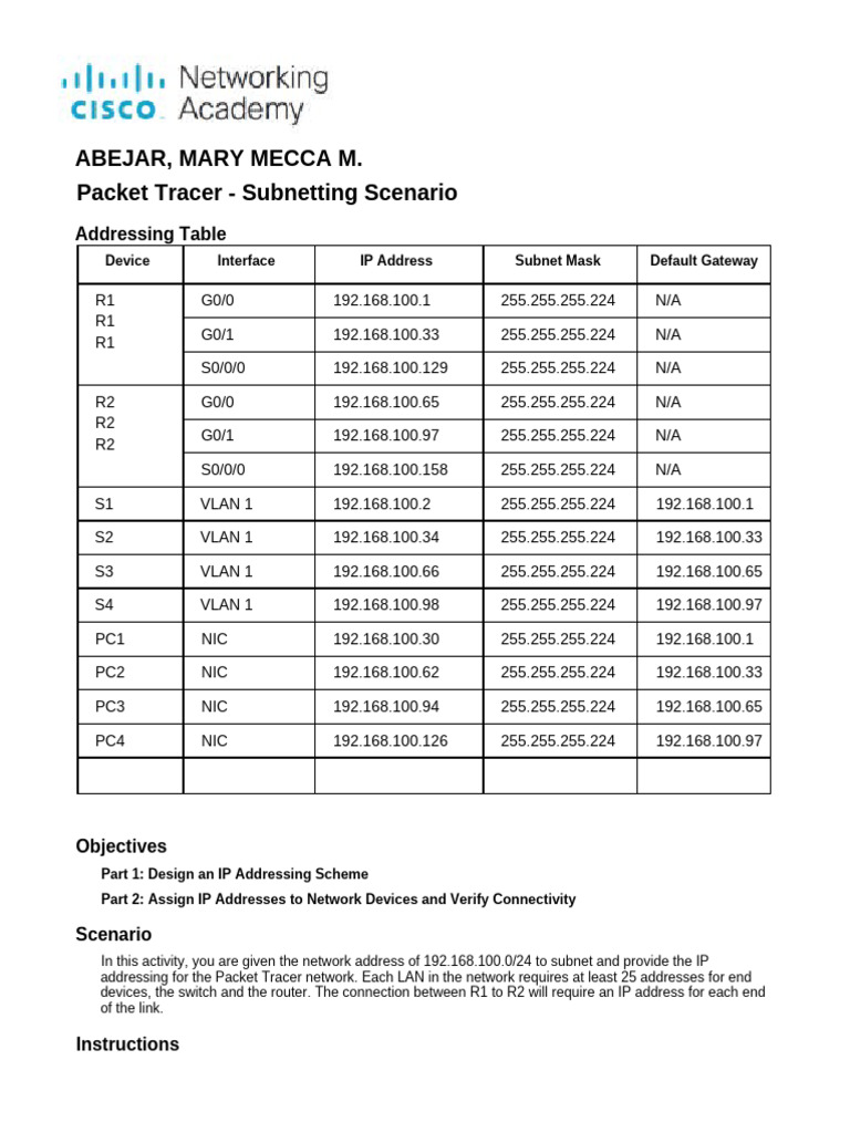 11.7.5 Packet Tracer - Subnetting Scenario | PDF | Ip Address | Computer Network