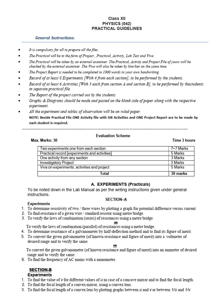 XII - PHYSICS (042) - Practicals & Project Guidelines | PDF | Electrical Network | Inductor