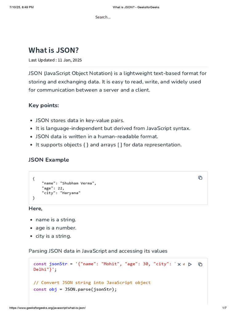 What Is JSON - GeeksforGeeks | PDF | Json | Java Script