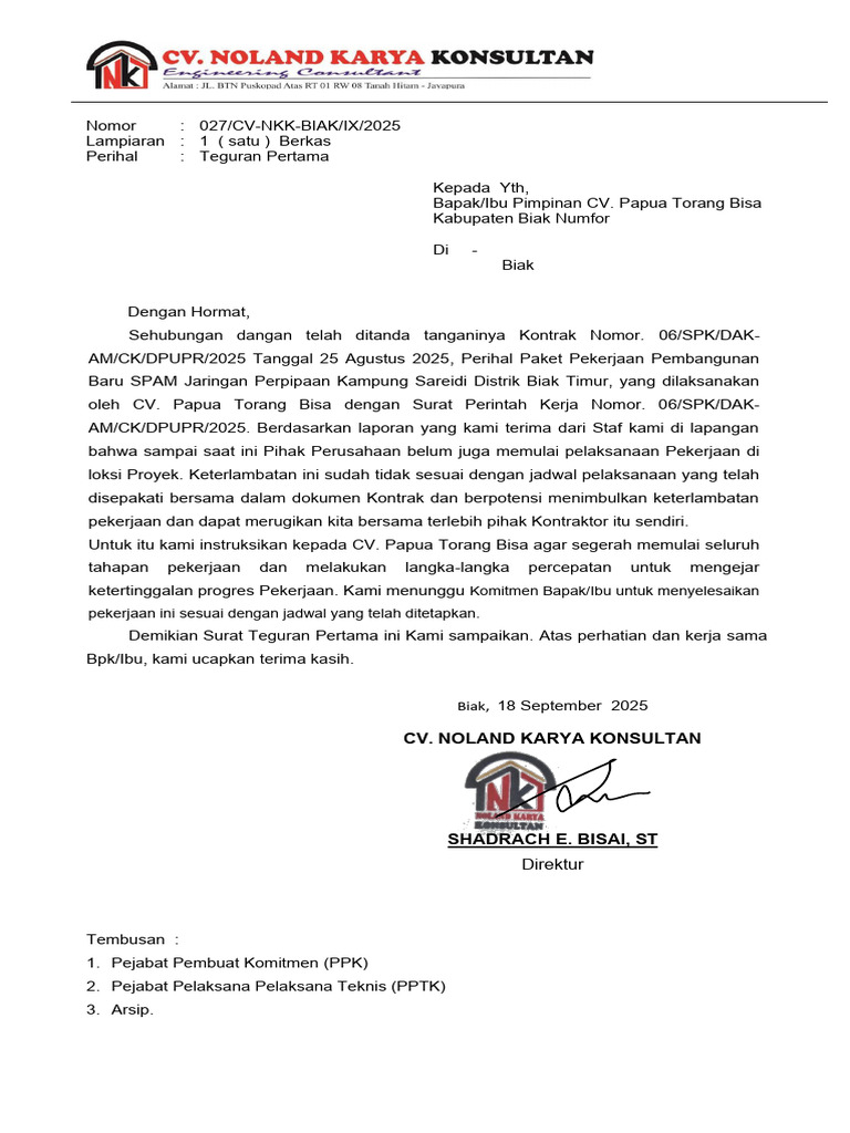 Teguran Pertama untuk CV. Papua Torang Bisa | PDF
