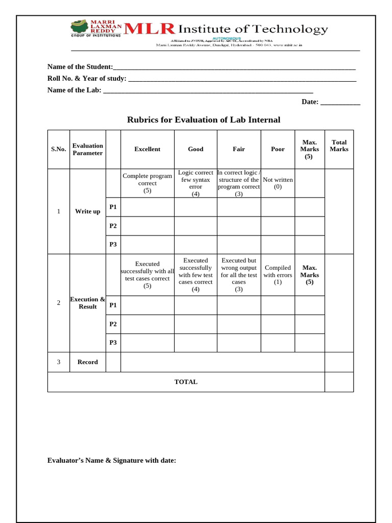 Pps Lab Internal Rubrics-R22 | PDF