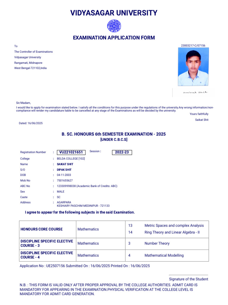 Vidyasagar University Exam Application Form | PDF | Mathematics ...