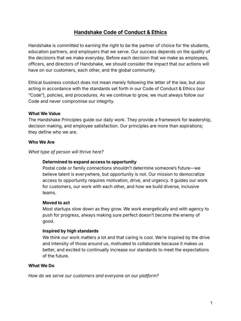 Handshake Code of Conduct & Ethics | PDF | Trade Secret | Intellectual ...