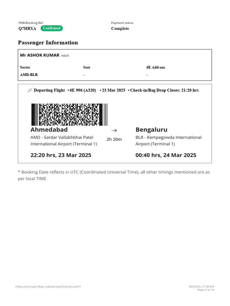 Flight Booking Confirmation for AMD-BLR | PDF