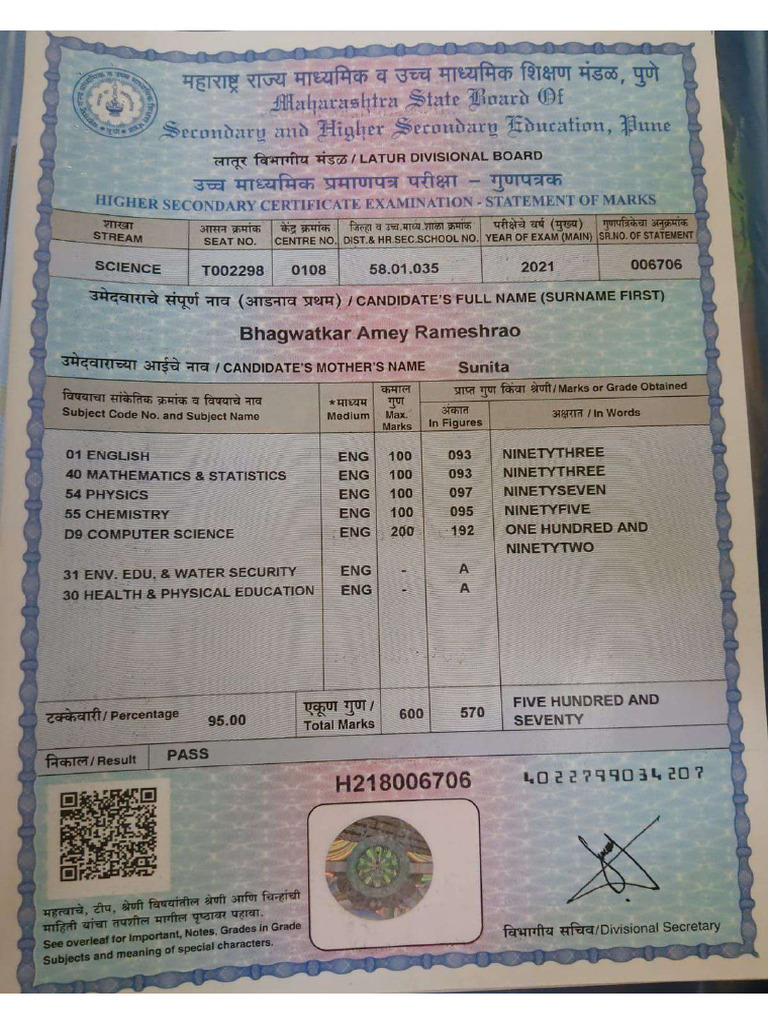 12TH Marksheet | PDF