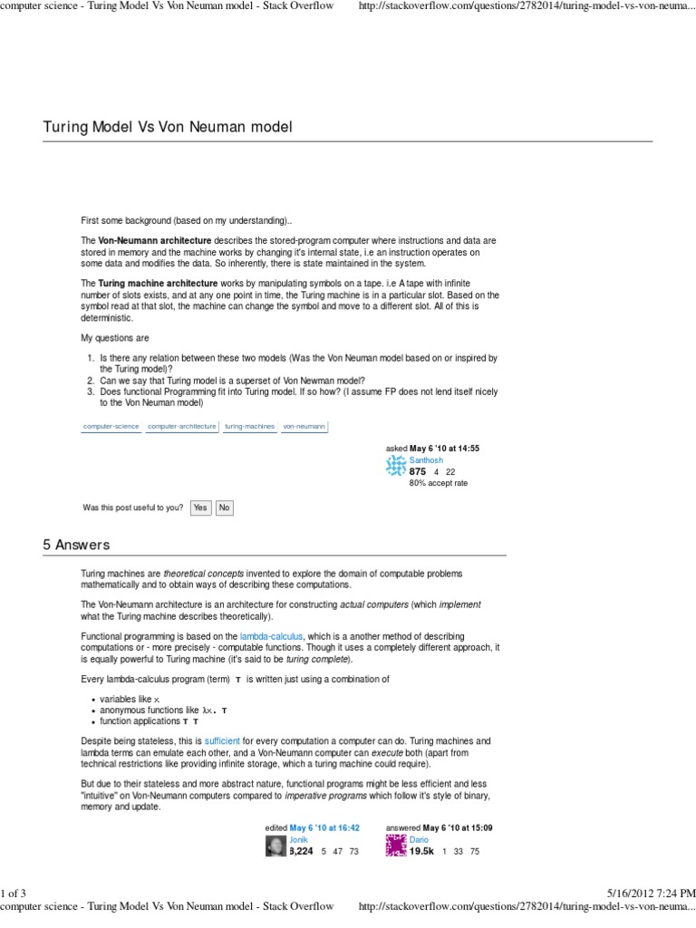 Computer Science - Turing Model Vs Von Neuman Model - Stack Overflow | PDF | Functional ...
