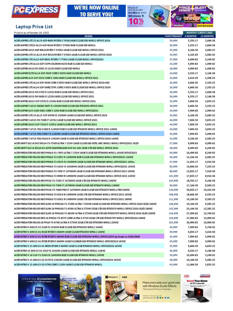 PC Express Laptop Pricelist | PDF | Intel | Consumer Electronics