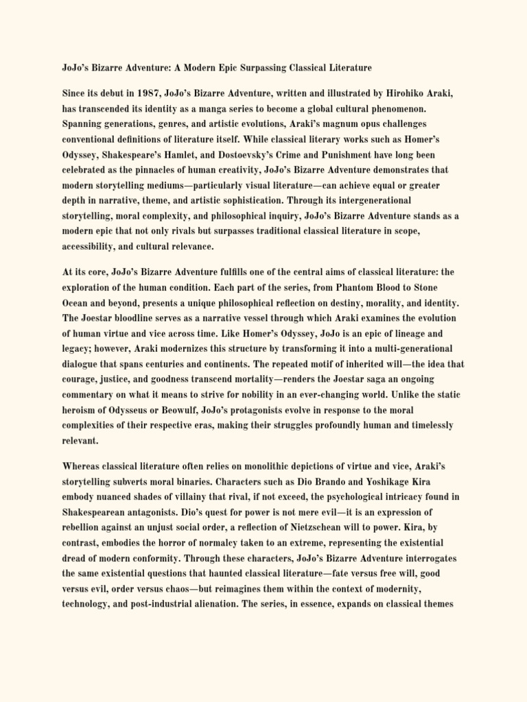 Jojo S Bizarre Adventure A Modern Epic Surpassing Classical Literature