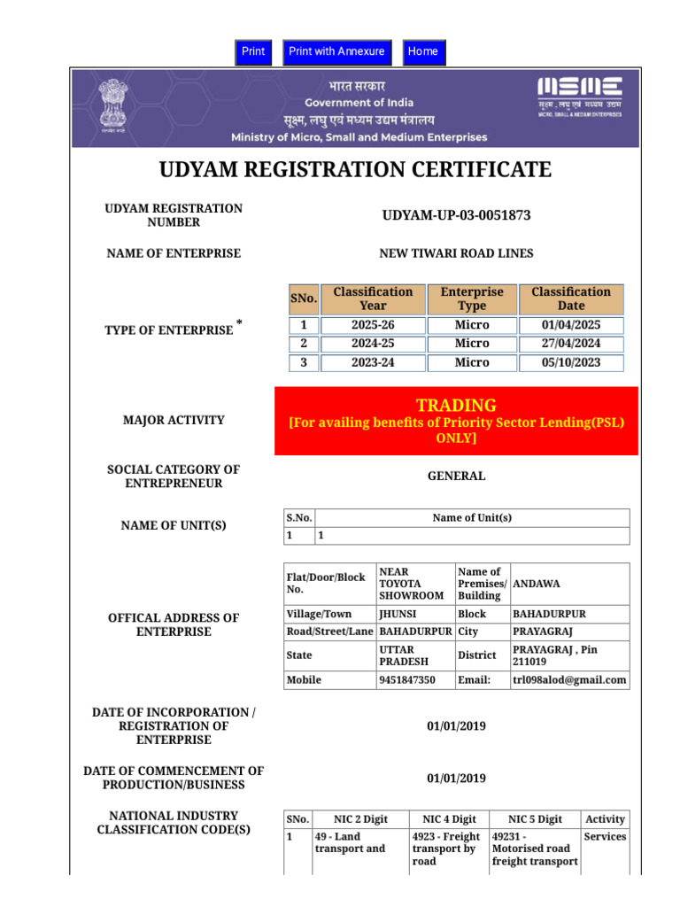 Udyam Registration Certificate for New Tiwari Road Lines | PDF