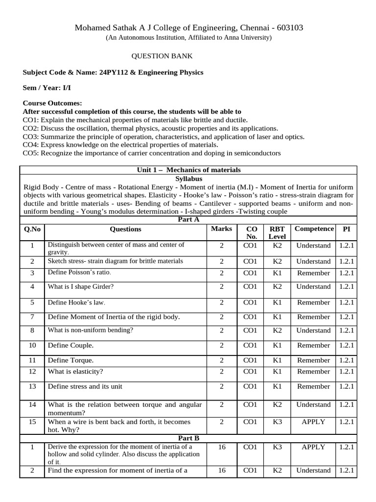 QB - Engineering Physics-24PY112 | PDF | Semiconductors | Electrical Resistivity And Conductivity