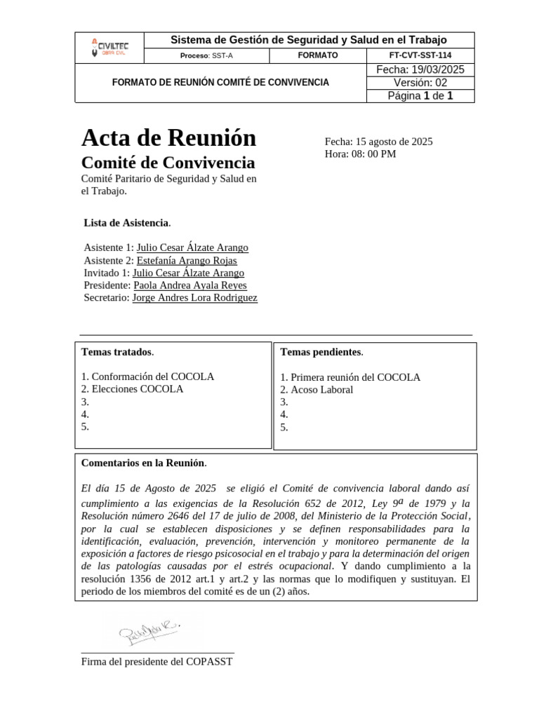 FT-SST-114 Formato de Acta de Reunión Del Comité de Convivencia | PDF