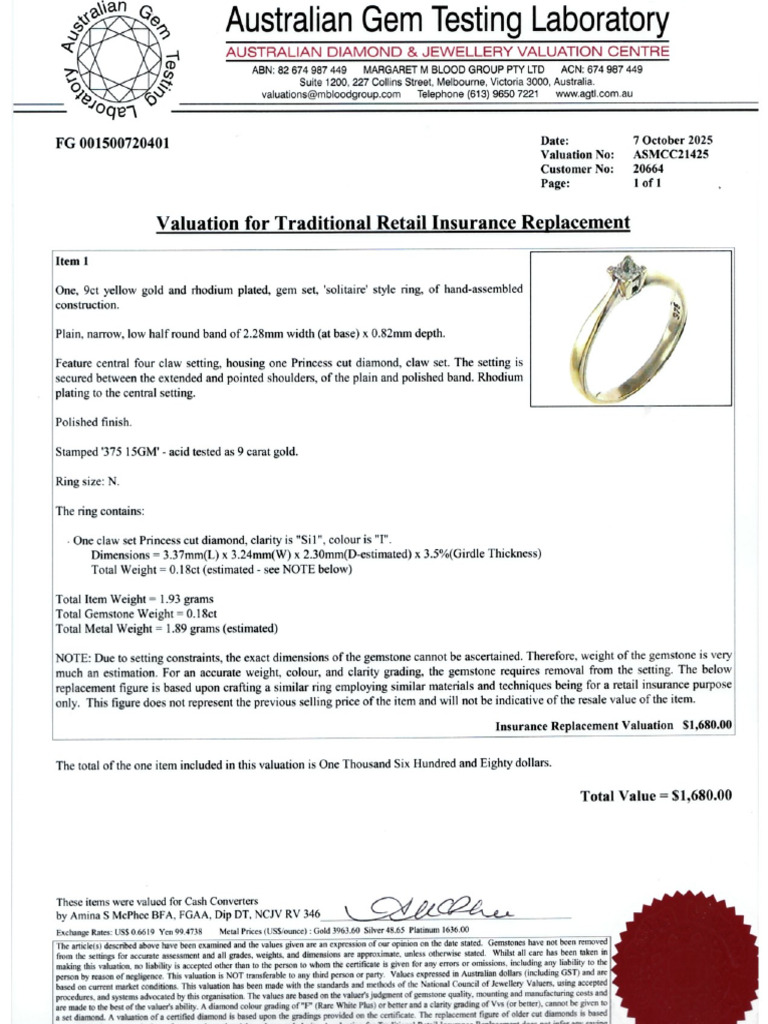 1680 Valuation Certificate 001500720401 | PDF