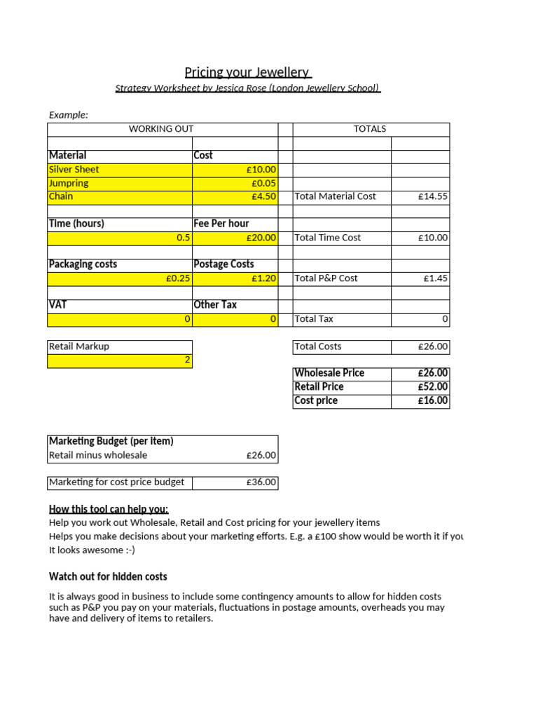 Pricing Your Jewellery: Strategy Worksheet by Jessica Rose (London ...