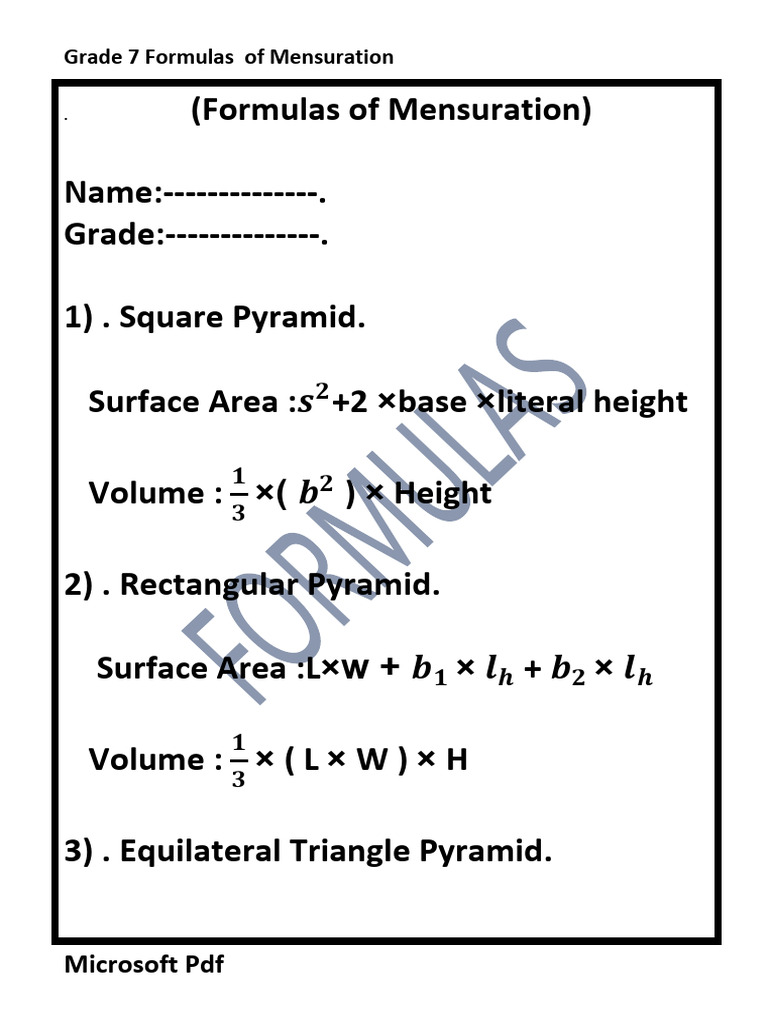 Grade 7 Mensuration Formulas Guide | PDF