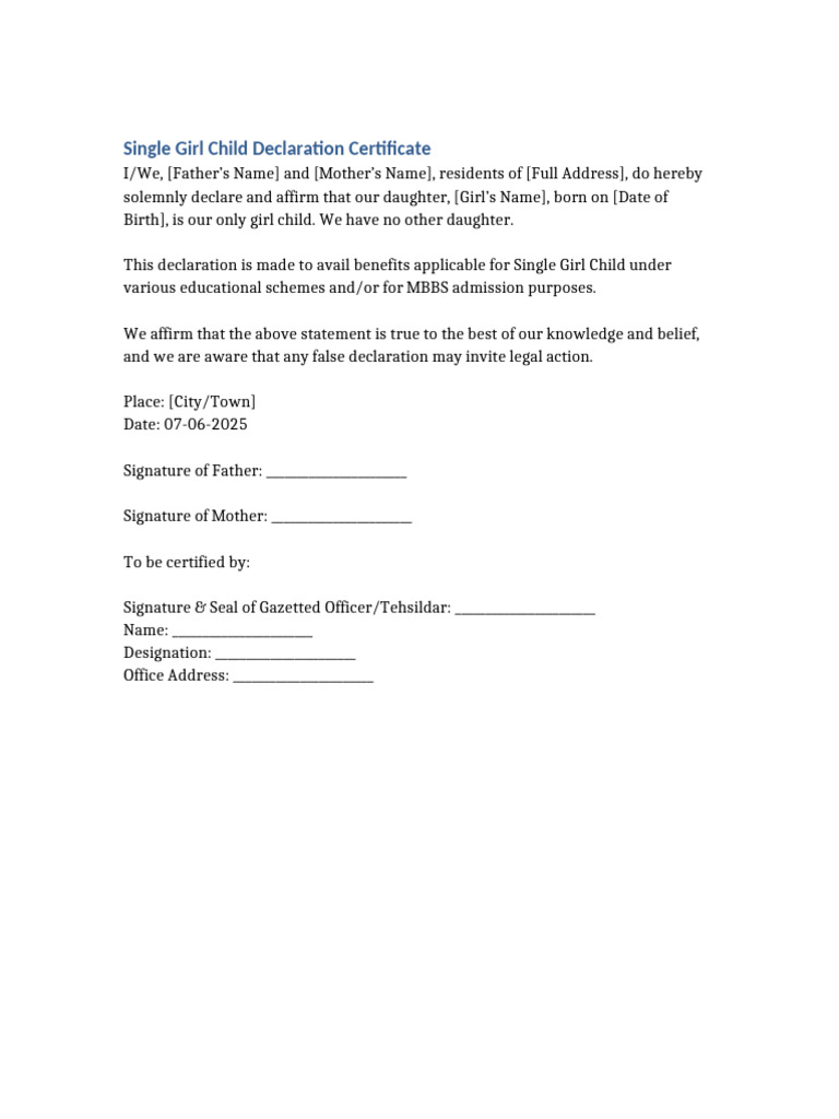 Single Girl Child Declaration Certificate | PDF