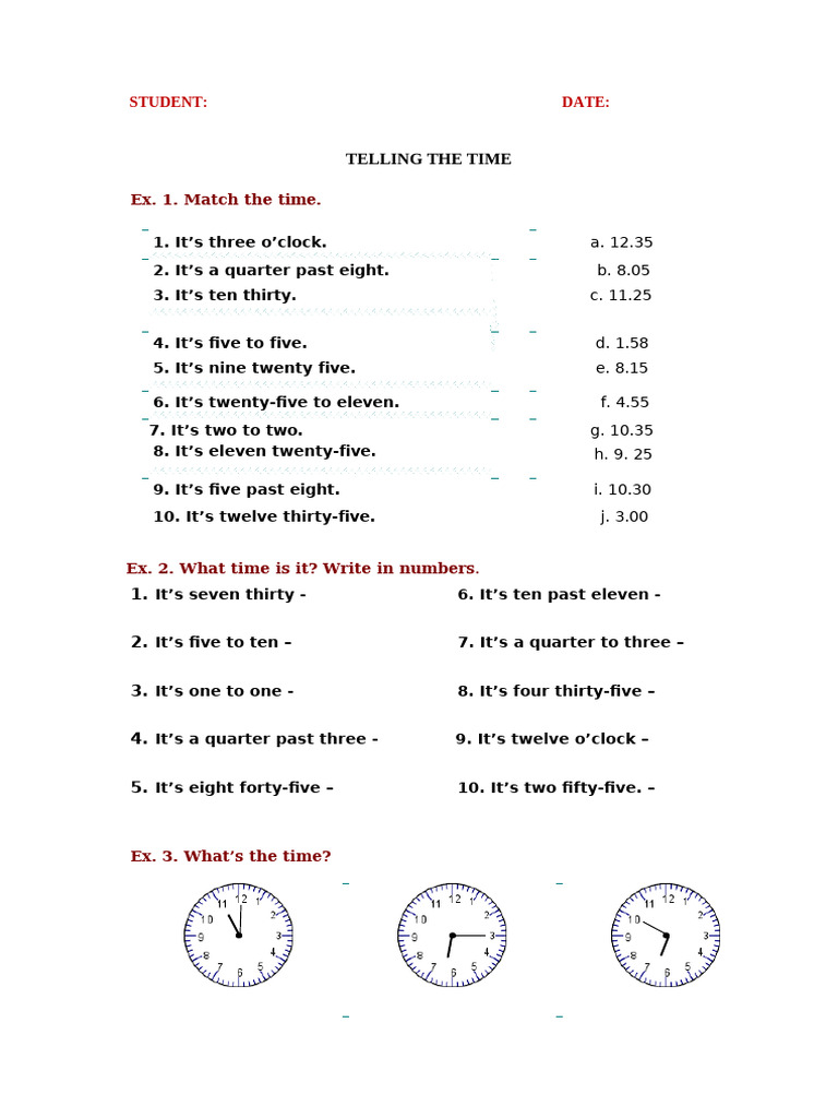 Telling The Time Exercises | PDF