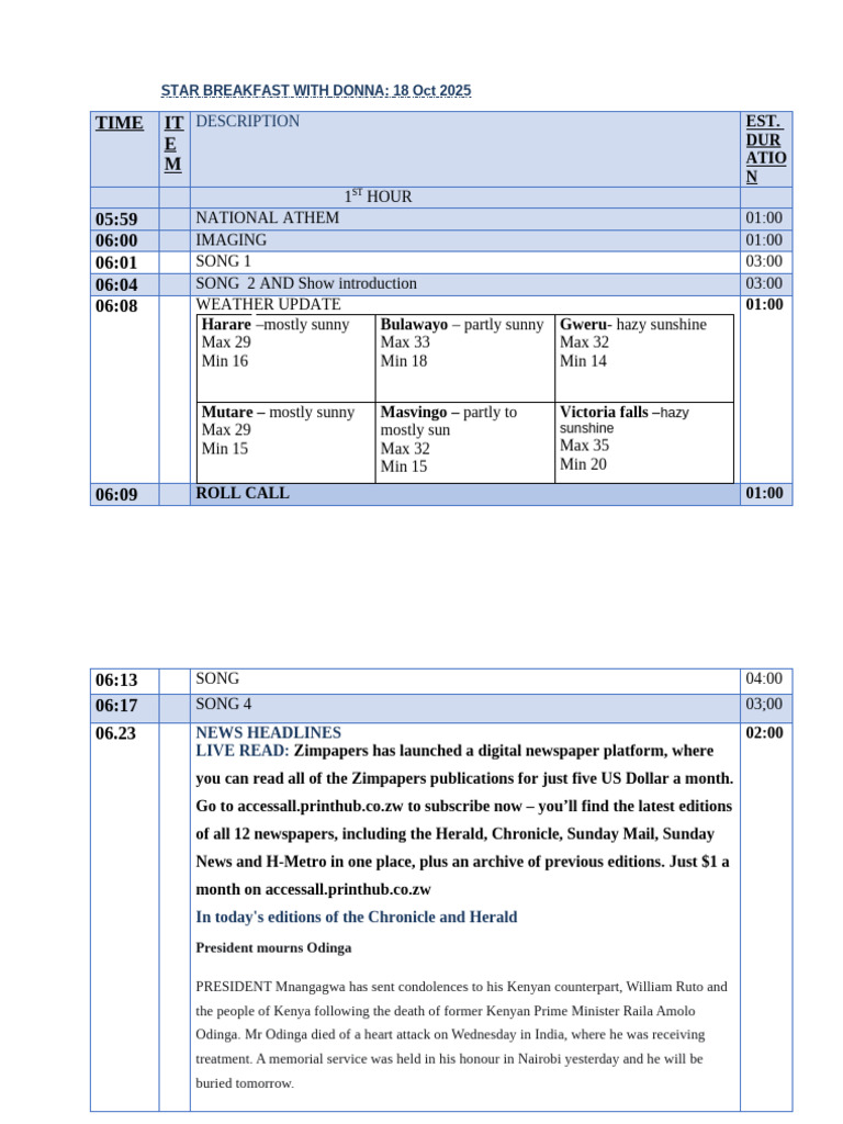 Star Breakfast Show Schedule - Oct 2025 | PDF