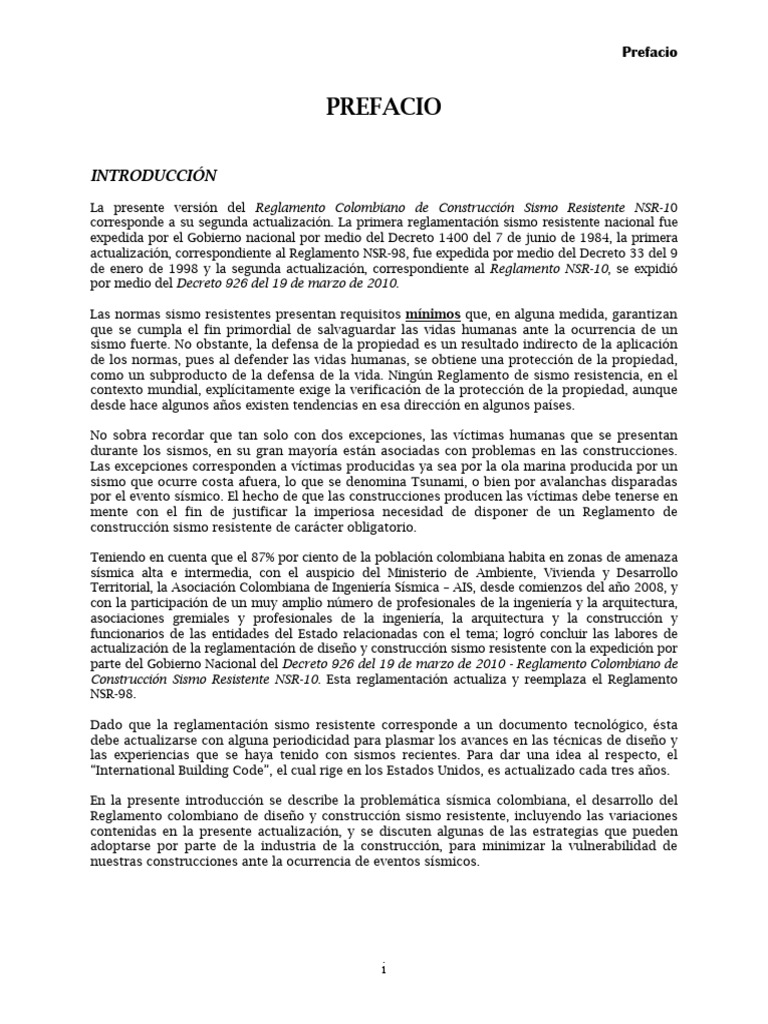 NSR 10 Prefacio PDF | PDF | Temblores | Placas tectónicas