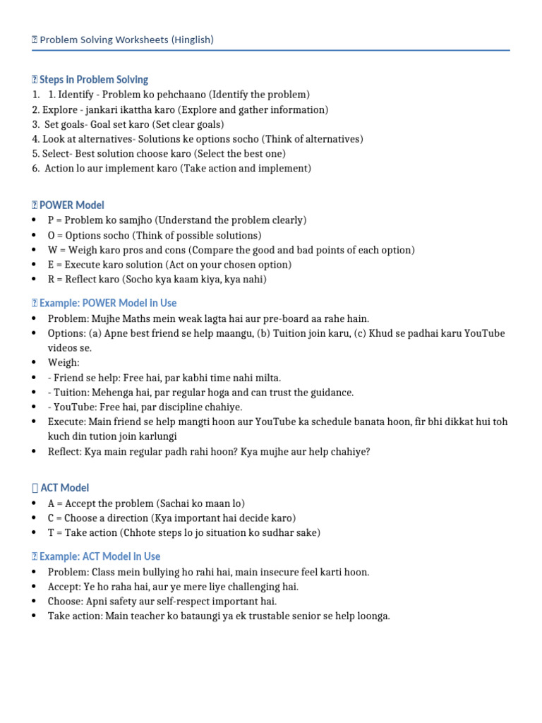 Improved Problem Solving Worksheets Hinglish | PDF