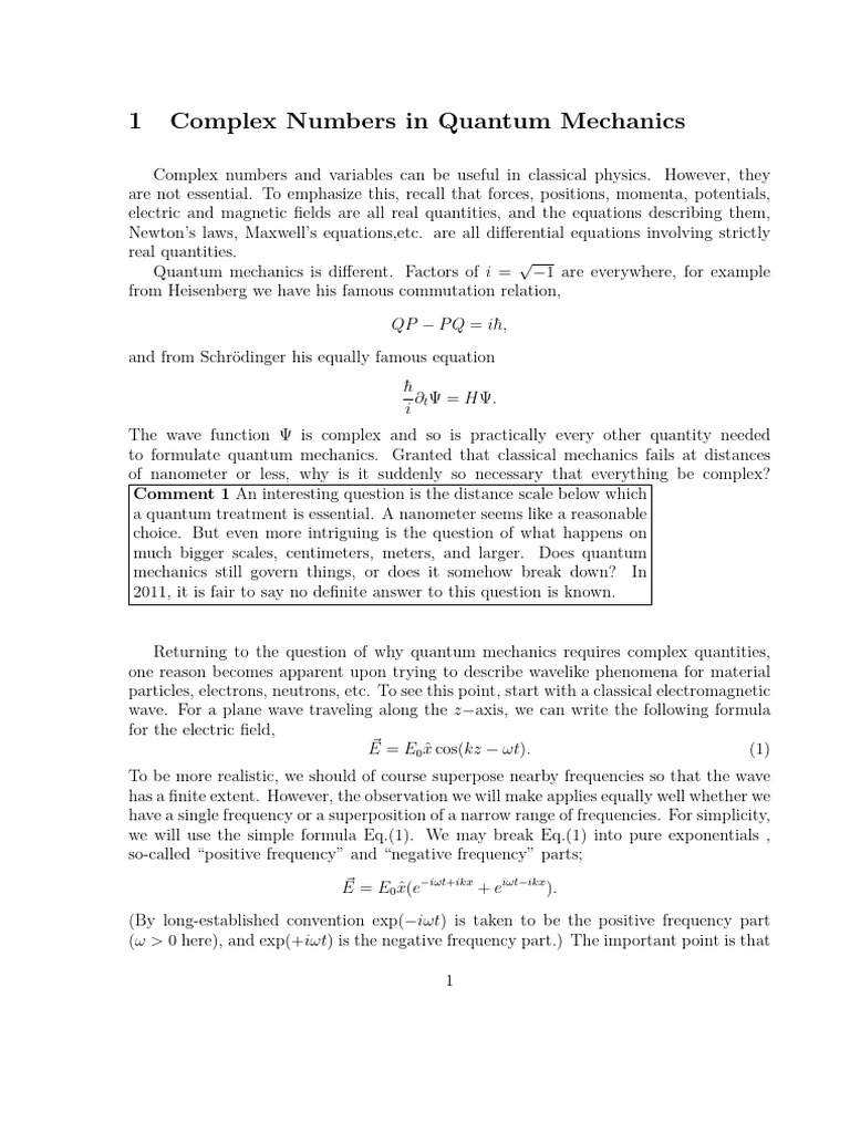 Complex Numbers in Quantum Mechanics | PDF | Photon | Quantum Mechanics