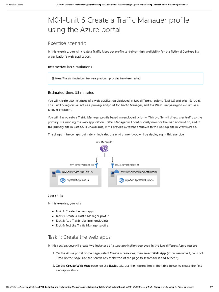 M04-Unit 6 Create A Traffic Manager Profile Using The Azure Portal - AZ ...