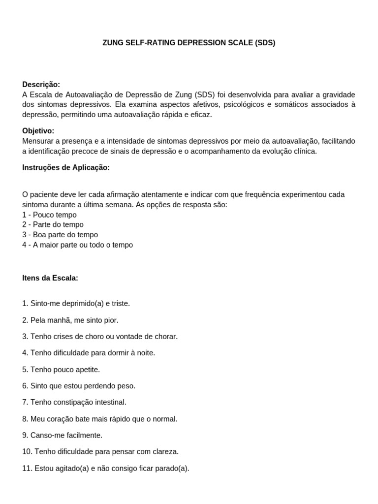 Zung Self-Rating Depression Scale (SDS) | PDF