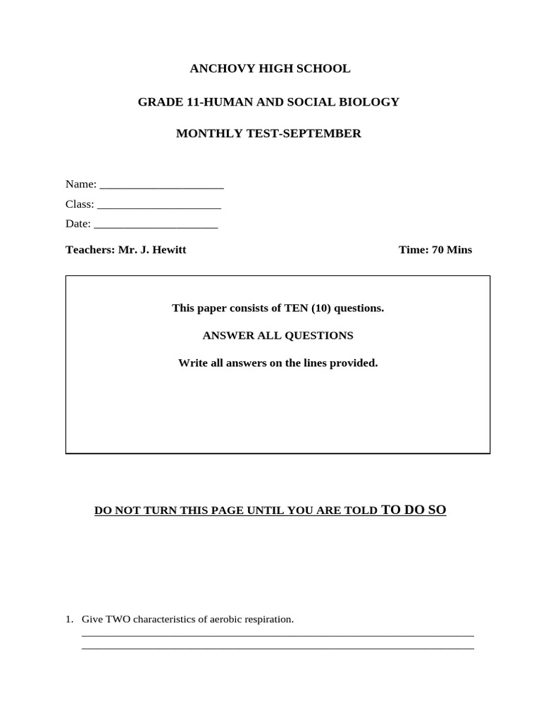 HSB September Test - Respiration | PDF | Respiratory System | Animal ...