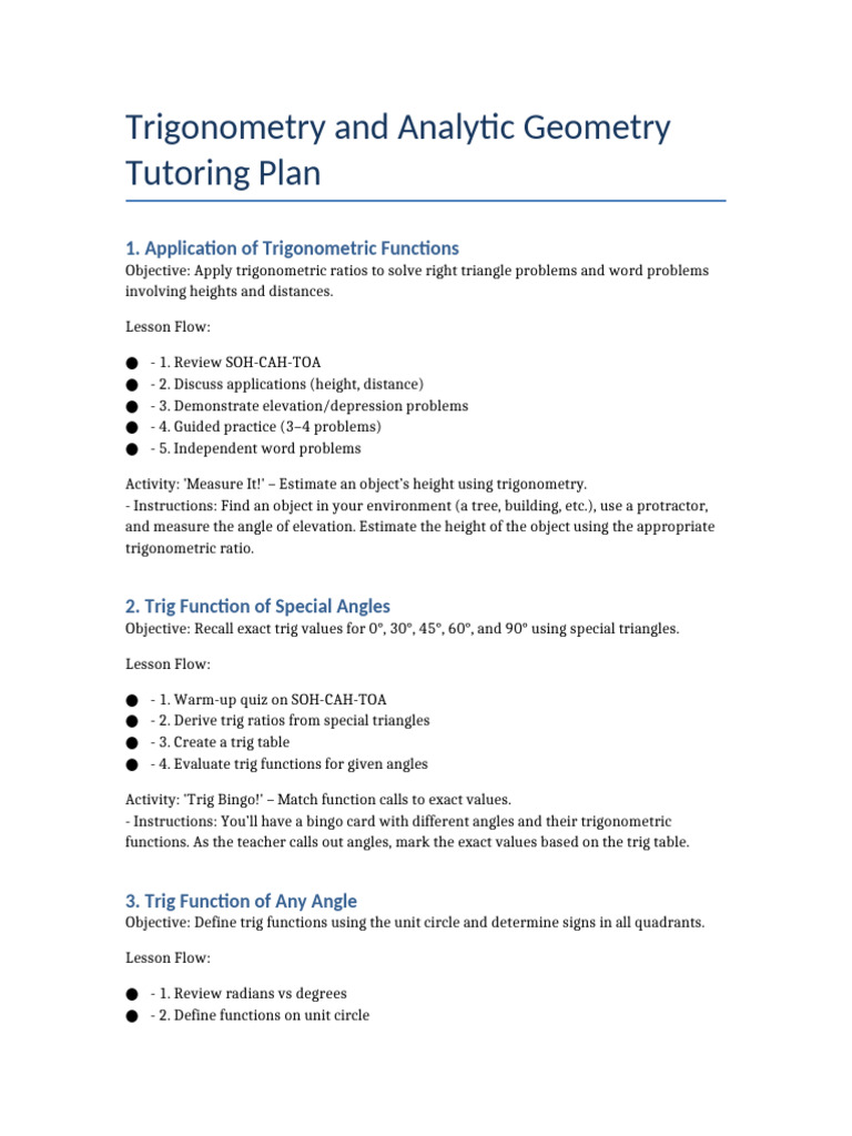 Trigonometry and Analytic Geometry Tutoring Plan Updated | PDF ...